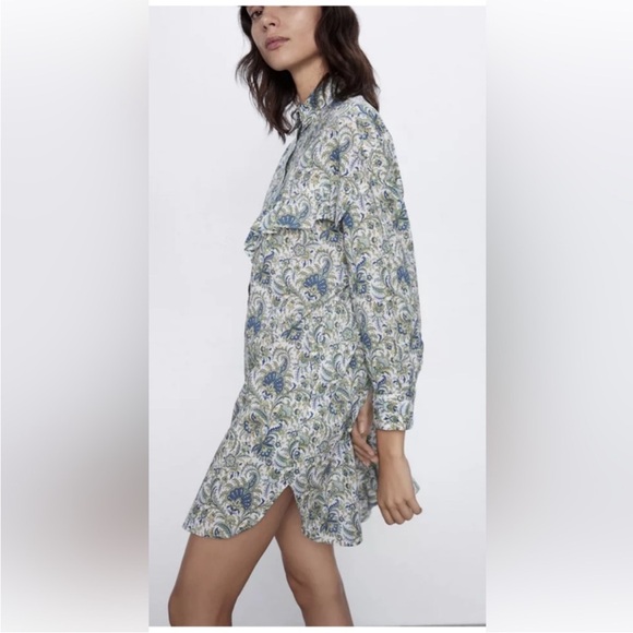 Zara | Dresses | Zara Floral Paisley Ruffle Button Front Shirt Dress ...
